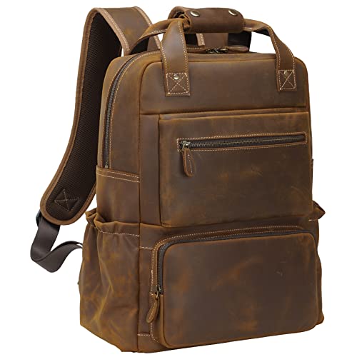 TIDING Men's Leather 17 Inch Laptop Backpack Large Capacity Business Travel Office Daypacks Brown