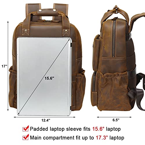 TIDING Men's Leather 17 Inch Laptop Backpack Large Capacity Business Travel Office Daypacks Brown