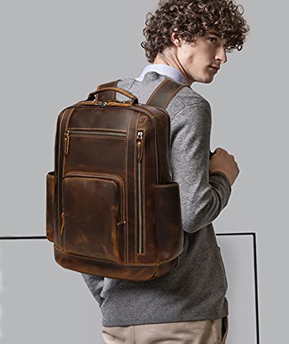 LANNSYNE Men's Vintage Full Grain Leather Backpack for 16" Laptop Travel Hiking Camping Rucksack