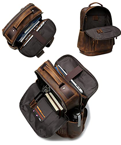 LANNSYNE Men's Vintage Full Grain Leather Backpack for 16" Laptop Travel Hiking Camping Rucksack