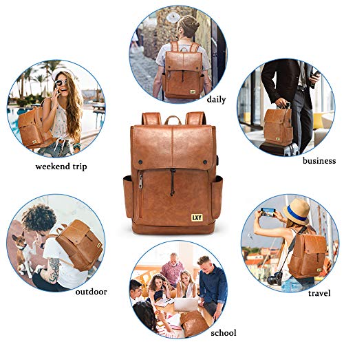 LXY Leather Backpack Vintage College School Backpack, Brown Faux Leather Backpack Purse, 15.6 Inches Laptop Bookbag with USB Charging Port