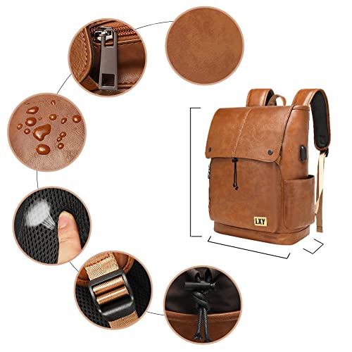 LXY Leather Backpack Vintage College School Backpack, Brown Faux Leather Backpack Purse, 15.6 Inches Laptop Bookbag with USB Charging Port