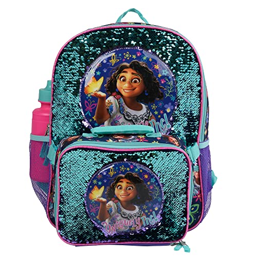 Disney Encanto Mirabel 4 Piece Backpack set, Flip Sequin School Bag for Girls with Front Zip Pocket, Mesh Side Pockets, Insulated Lunch Bag, Water Bottle, and Squish Ball Dangle