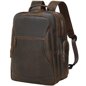 tiding vintage full grain leather 17.3 inch laptop backpack large camping travel weekender daypack for men 31.9l