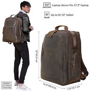 TIDING Vintage Full Grain Leather 17.3 Inch Laptop Backpack Large Camping Travel Weekender Daypack For Men 31.9L