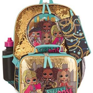 LOL Dolls 5 Piece Backpack Set for Girls, Brush Glitter Sequin School Bag with Front Panel and Mesh Pockets, Insulated Lunch Box, Water Bottle, Pencil Case and Hair Scrunchie, Black and Gold