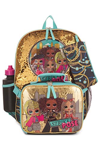 LOL Dolls 5 Piece Backpack Set for Girls, Brush Glitter Sequin School Bag with Front Panel and Mesh Pockets, Insulated Lunch Box, Water Bottle, Pencil Case and Hair Scrunchie, Black and Gold