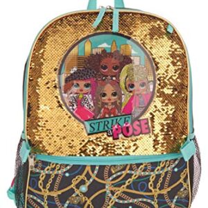 LOL Dolls 5 Piece Backpack Set for Girls, Brush Glitter Sequin School Bag with Front Panel and Mesh Pockets, Insulated Lunch Box, Water Bottle, Pencil Case and Hair Scrunchie, Black and Gold