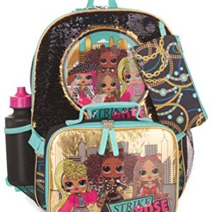 LOL Dolls 5 Piece Backpack Set for Girls, Brush Glitter Sequin School Bag with Front Panel and Mesh Pockets, Insulated Lunch Box, Water Bottle, Pencil Case and Hair Scrunchie, Black and Gold