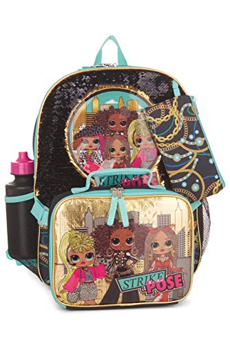 LOL Dolls 5 Piece Backpack Set for Girls, Brush Glitter Sequin School Bag with Front Panel and Mesh Pockets, Insulated Lunch Box, Water Bottle, Pencil Case and Hair Scrunchie, Black and Gold