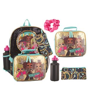 LOL Dolls 5 Piece Backpack Set for Girls, Brush Glitter Sequin School Bag with Front Panel and Mesh Pockets, Insulated Lunch Box, Water Bottle, Pencil Case and Hair Scrunchie, Black and Gold