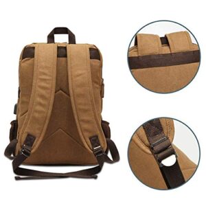 Canvas Backpack for Men Women, Vintage Rucksack Fits Most 15.6 Inch Laptop, Bookbag with USB Charging Port, Brown