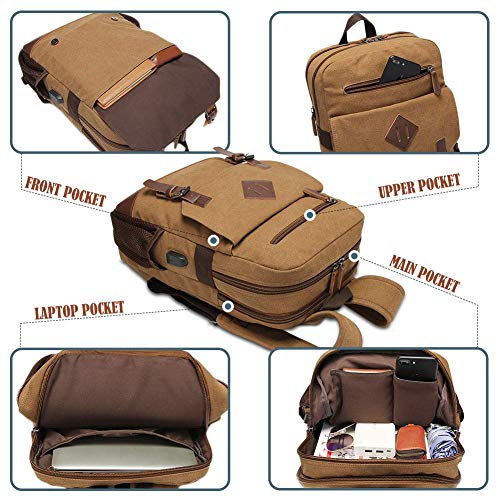 Canvas Backpack for Men Women, Vintage Rucksack Fits Most 15.6 Inch Laptop, Bookbag with USB Charging Port, Brown