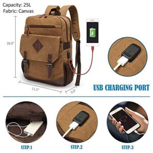 Canvas Backpack for Men Women, Vintage Rucksack Fits Most 15.6 Inch Laptop, Bookbag with USB Charging Port, Brown