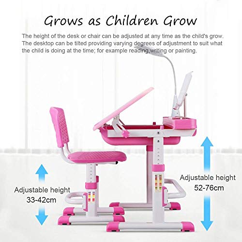 LVYUAN Height Adjustable Children's Desk and Chair Set, Spacious Storage Drawer, with Adjustable Tilted Desktop, Bookstand, Touch Led Lamp for School Students, Kids Interactive Workstation