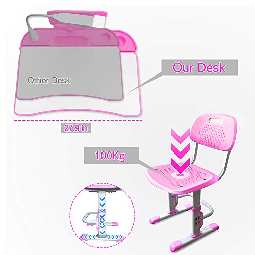 LVYUAN Height Adjustable Children's Desk and Chair Set, Spacious Storage Drawer, with Adjustable Tilted Desktop, Bookstand, Touch Led Lamp for School Students, Kids Interactive Workstation