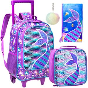 gxtvo rolling backpack for girls, roller wheels kids bookbag – wheeled suitcase elementary sequin school bag – 3pcs mermaid