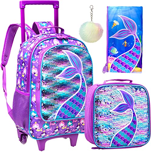 gxtvo Rolling Backpack for Girls, Roller Wheels Kids Bookbag - Wheeled Suitcase Elementary Sequin School Bag - 3PCS Mermaid