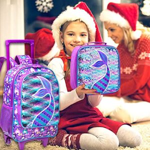 gxtvo Rolling Backpack for Girls, Roller Wheels Kids Bookbag - Wheeled Suitcase Elementary Sequin School Bag - 3PCS Mermaid