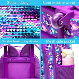 gxtvo Rolling Backpack for Girls, Roller Wheels Kids Bookbag - Wheeled Suitcase Elementary Sequin School Bag - 3PCS Mermaid