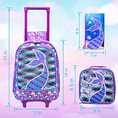 gxtvo Rolling Backpack for Girls, Roller Wheels Kids Bookbag - Wheeled Suitcase Elementary Sequin School Bag - 3PCS Mermaid