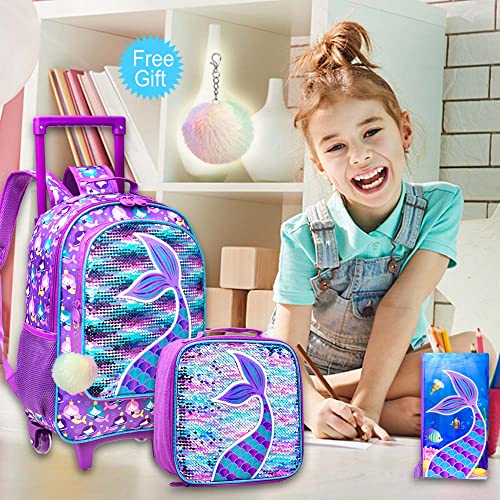 gxtvo Rolling Backpack for Girls, Roller Wheels Kids Bookbag - Wheeled Suitcase Elementary Sequin School Bag - 3PCS Mermaid