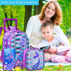 gxtvo Rolling Backpack for Girls, Roller Wheels Kids Bookbag - Wheeled Suitcase Elementary Sequin School Bag - 3PCS Mermaid