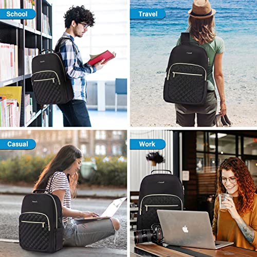 LOVEVOOK Laptop Backpack for Women, Stylish Quilted Backpacks Purse for Business Work Travel, Computer Bags College Student Bookbag, with USB Port fits 15.6-inch Laptop, Black