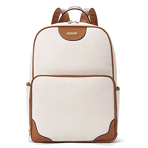 CLUCI Womens Laptop Backpack Leather 15.6 Inch Computer Backpack Large Travel Daypack Business Vintage Off-white with Brown