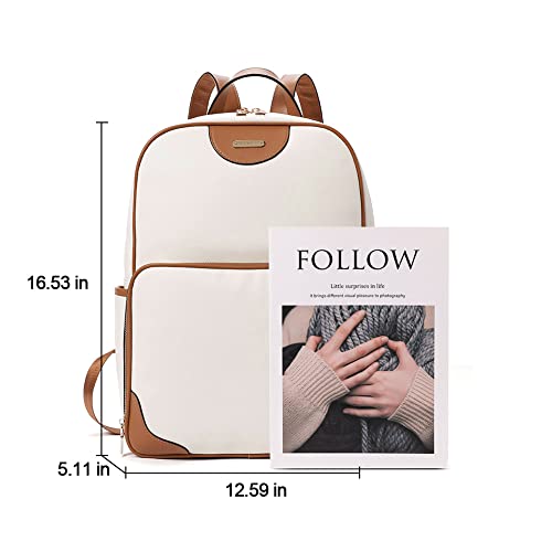 CLUCI Womens Laptop Backpack Leather 15.6 Inch Computer Backpack Large Travel Daypack Business Vintage Off-white with Brown