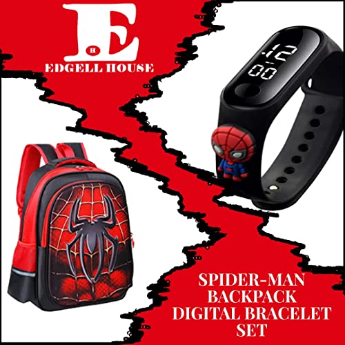 EDGELL HOUSE Children’s Spiderman Backpack and Digital Bracelet Set for Kids Marvel Spidey Backpack with LED Spider-man Bracelet Spiderman cloth School Backpack School bag for boys and girls