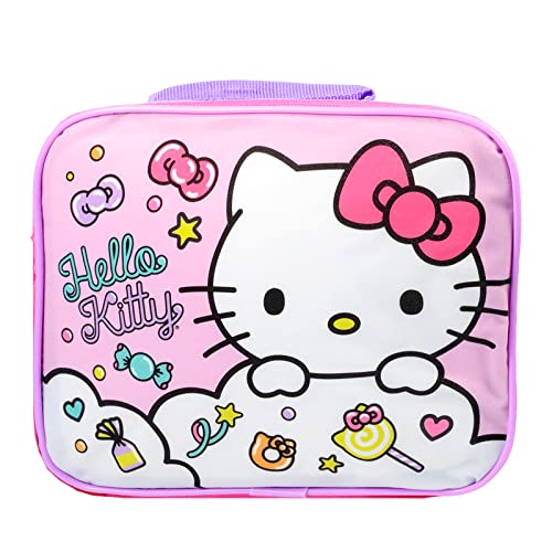 Hello Sanrio Kitty Backpack With Lunch Bag For Girls, Kids ~ 5 Pc Bundle With 16 inches Hello Kitty School Bag, 2000+ Stickers, Page Clips, And More (Hello Kitty School Supplies Stuff)