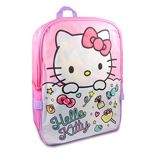 Hello Sanrio Kitty Backpack With Lunch Bag For Girls, Kids ~ 5 Pc Bundle With 16 inches Hello Kitty School Bag, 2000+ Stickers, Page Clips, And More (Hello Kitty School Supplies Stuff)