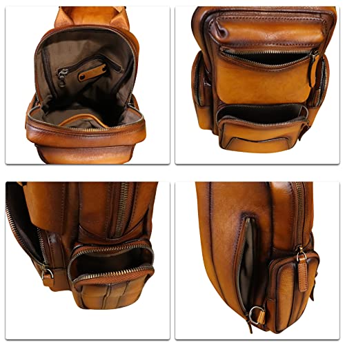 IVTG Genuine Leather Sling Bag Crossbody Casual Hiking Daypack Vintage Handmade Chest Bag Shoulder Backpack Motorcycle Pack (Brown)