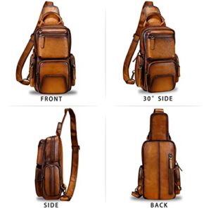 IVTG Genuine Leather Sling Bag Crossbody Casual Hiking Daypack Vintage Handmade Chest Bag Shoulder Backpack Motorcycle Pack (Brown)