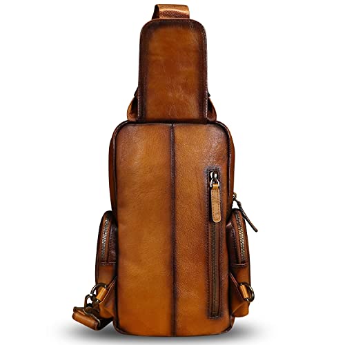 IVTG Genuine Leather Sling Bag Crossbody Casual Hiking Daypack Vintage Handmade Chest Bag Shoulder Backpack Motorcycle Pack (Brown)