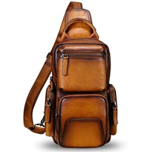 IVTG Genuine Leather Sling Bag Crossbody Casual Hiking Daypack Vintage Handmade Chest Bag Shoulder Backpack Motorcycle Pack (Brown)