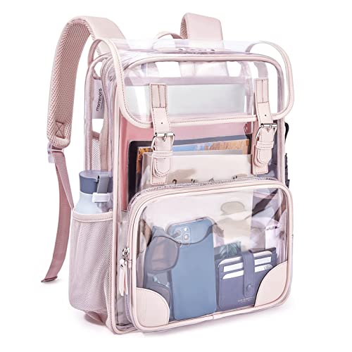 mommore Clear Backpack Heavy Duty Thick PVC Transparent Backpack with Leather Trim Large Capacity See Through Backpack