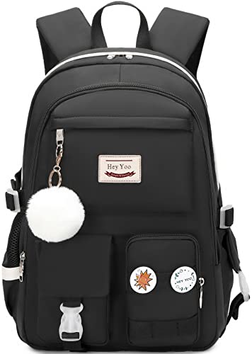 Hey Yoo Backpack for Girls Bookbag Cute School Bag College Middle High Elementary School Backpack for Teen Girls (Black)