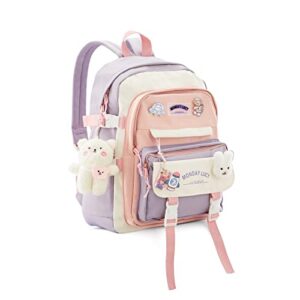 kawaii backpack for school cute aesthetic kids elementary kindergarten with kawaii pin and accessories chains mochilas escolares para niñas toddler backpack for girls, purple