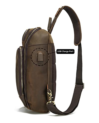 Taertii Vintage Full Grain Genuine Leather Sling Bag Crossbody Chest Shoulder Backpack Daypack Travel Hiking for 13.3 Inch Laptop - Brown