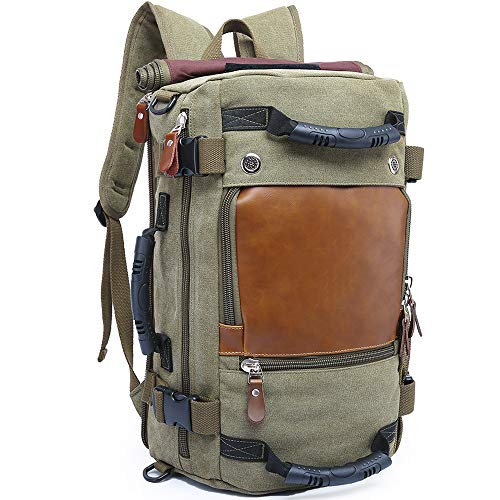 KAKA travel Laptop backpack,canvas rucksack duffel bag laptop weekender travel carry on bags for men,mens canvas rucksack laptop backpack fit 15.6'' Notebook with hidden shoulder strap ,Green