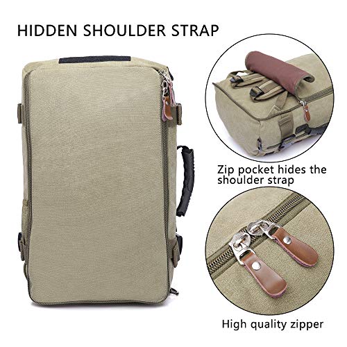 KAKA travel Laptop backpack,canvas rucksack duffel bag laptop weekender travel carry on bags for men,mens canvas rucksack laptop backpack fit 15.6'' Notebook with hidden shoulder strap ,Green