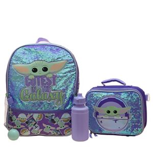 disney’s mandalorian baby yoda girls 4 piece backpack set, flip sequin school bag with front zip pocket, mesh side pockets, insulated lunch box, water bottle, and squish ball dangle, purple