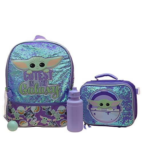 Disney’s Mandalorian Baby Yoda Girls 4 Piece Backpack set, Flip Sequin School Bag with Front Zip Pocket, Mesh Side Pockets, Insulated Lunch Box, Water Bottle, and Squish Ball Dangle, Purple