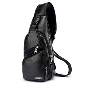 men’s leather sling bag multipurpose daypack shoulder chest crossbody bag black