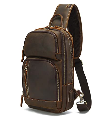 Lannsyne Small Vintage Leather Sling Bag For Men Crossbody Chest Daypack fits 10.5" iPad