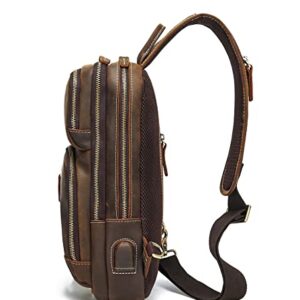 Lannsyne Small Vintage Leather Sling Bag For Men Crossbody Chest Daypack fits 10.5" iPad