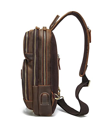 Lannsyne Small Vintage Leather Sling Bag For Men Crossbody Chest Daypack fits 10.5" iPad