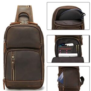 Lannsyne Small Vintage Leather Sling Bag For Men Crossbody Chest Daypack fits 10.5" iPad